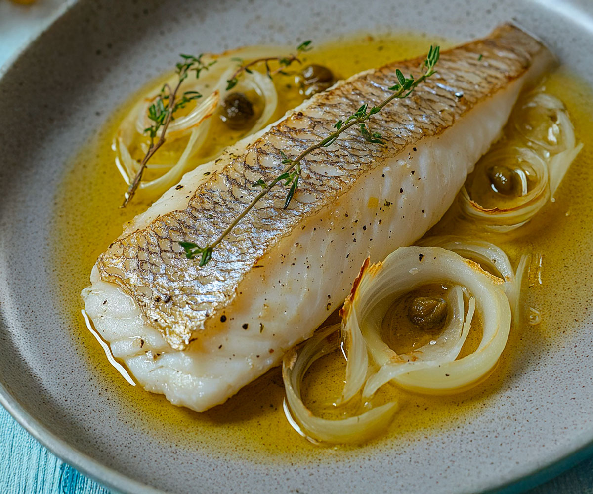 Bar rôti peau croustillante, oignons fondants & câpres – Cuisine