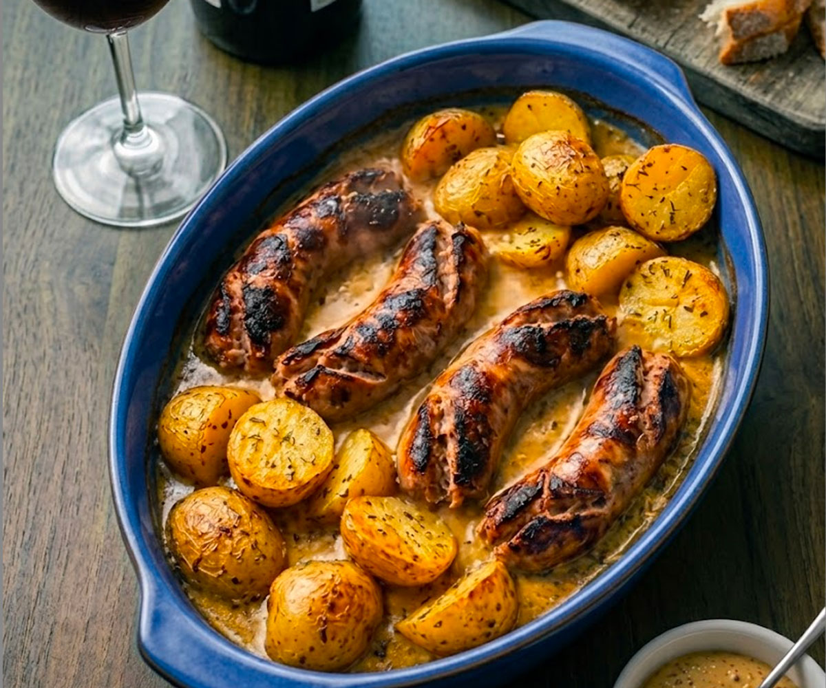 Andouillette grillée, sauce moutarde et grenailles rôties en cocotte ...